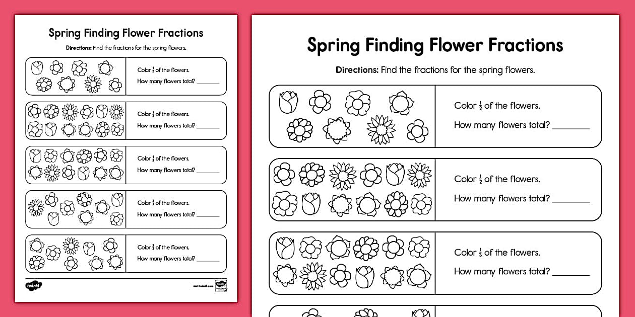 Second Grade Spring Finding Flower Fractions Worksheet