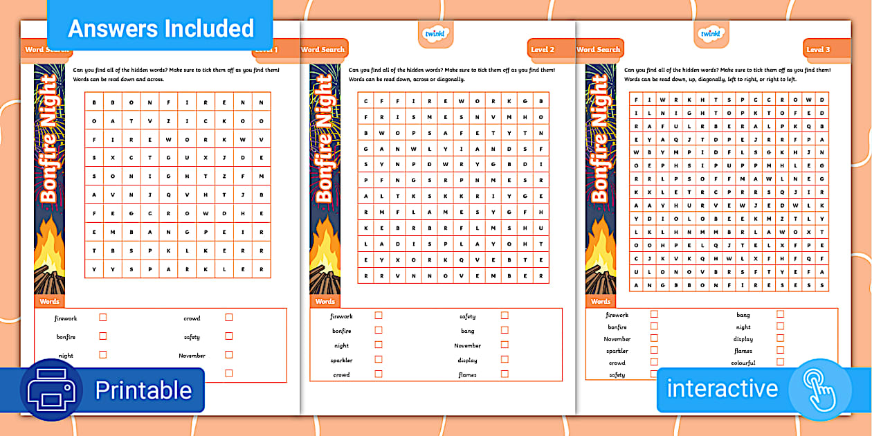 Bonfire Night Word Search - All Levels - Twinkl - Puzzles