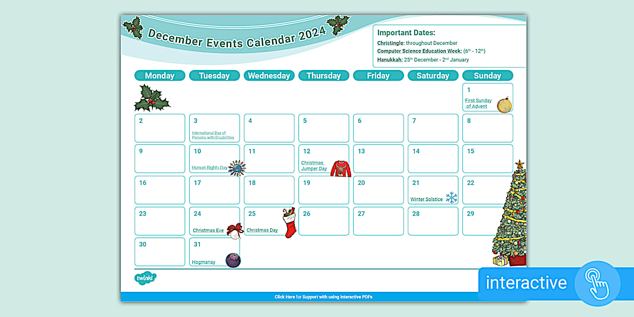 Interactive PDF: Free December Events Second Level Calendar