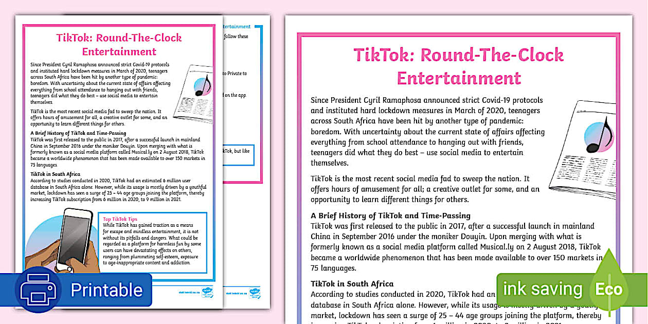 TikTok Reading Comprehension Worksheet | South Africa