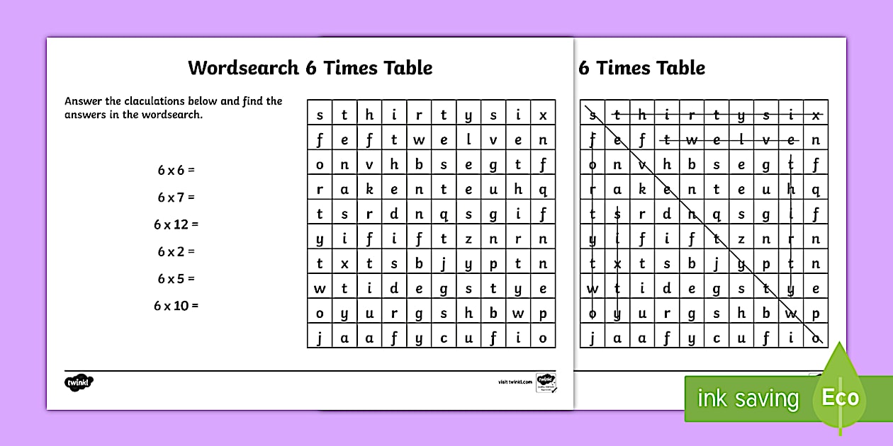 Multiplication 6 Times Tables Wordsearch Worksheet - Twinkl