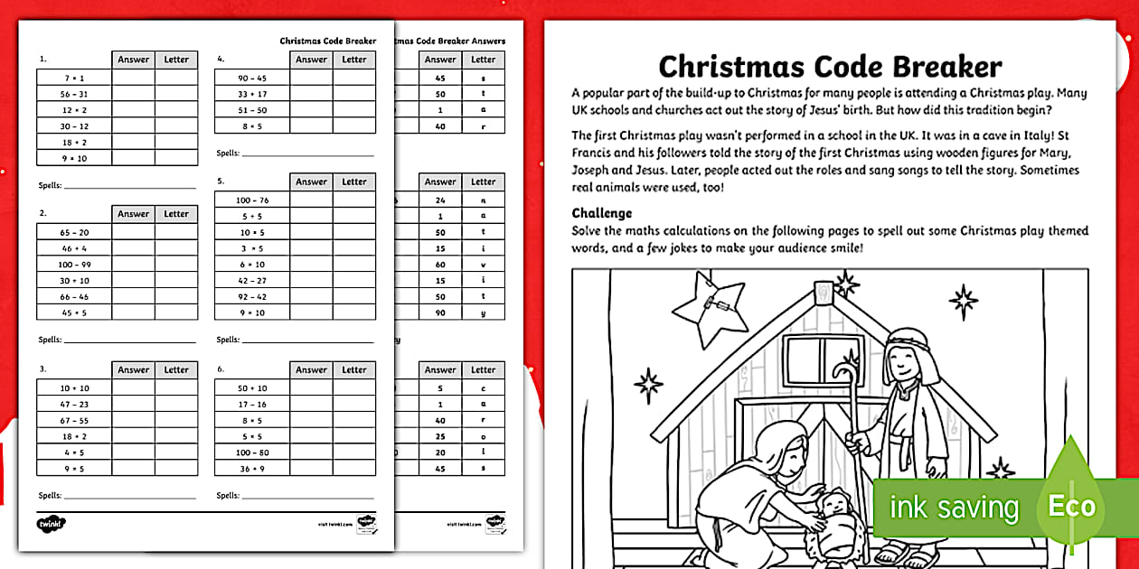 KS1 Christmas Calculations Code Breaker Worksheets - Twinkl