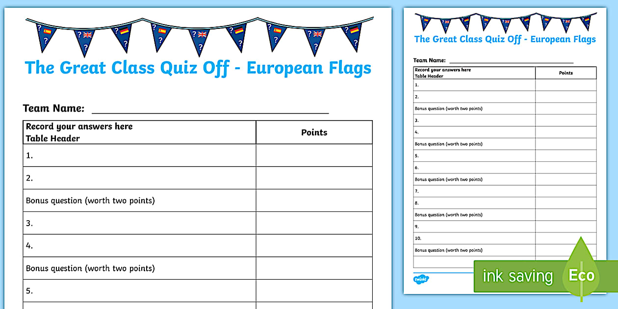 Black and White The Great Class Quiz Off - European Flags Worksheet