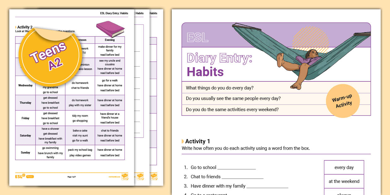 ESL Diary Entry: Habits [Teens, A2] (teacher made) - Twinkl