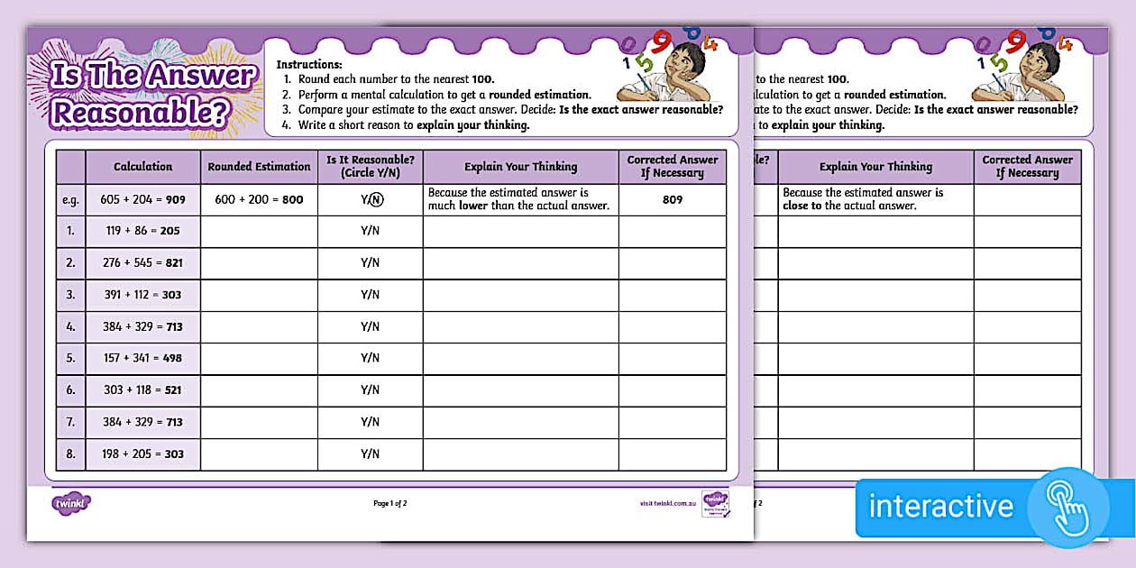 Is The Answer Reasonable? Estimating Activity Sheet - Twinkl