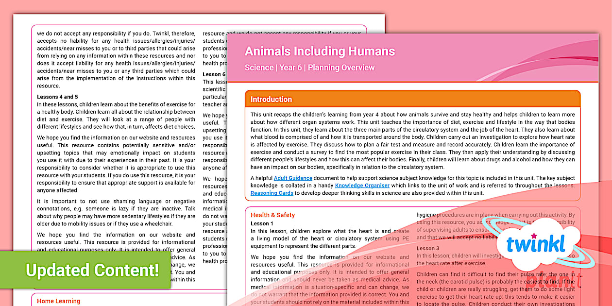 Science: Animals Including Humans Year 6 Unit Planning Overview