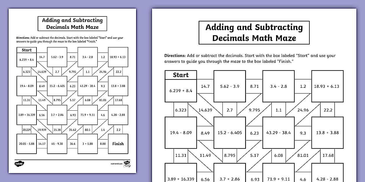 Sixth Grade Adding and Subtracting Decimals Math Maze