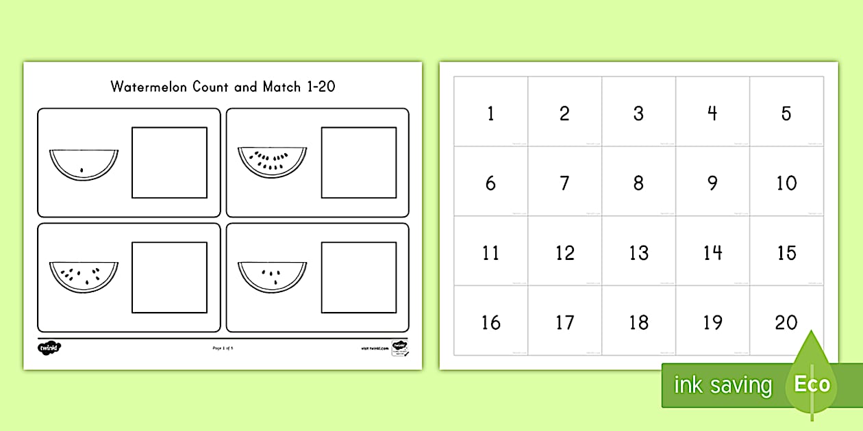 Watermelon Count and Match 1-20 Worksheet (teacher made)