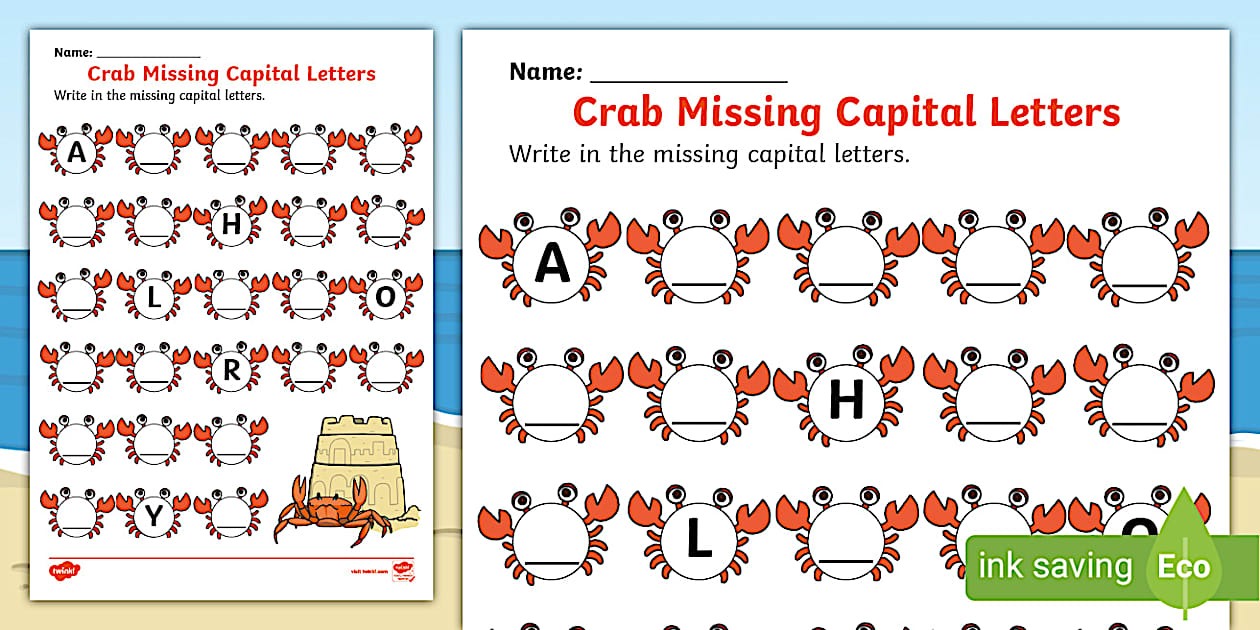 Crab Missing Capital Letters Worksheet | Twinkl KS1 Alphabet