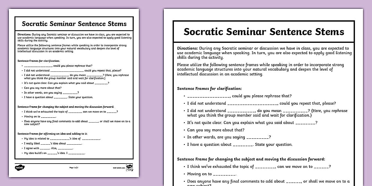 Socratic Seminar Sentence Stems for 6th-8th Grade - Twinkl
