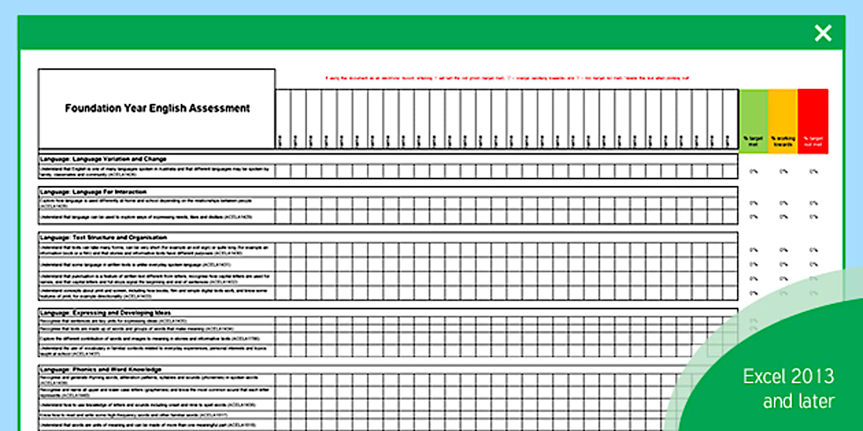 Australian Curriculum Year F to 6 English Assessment Spreadsheet