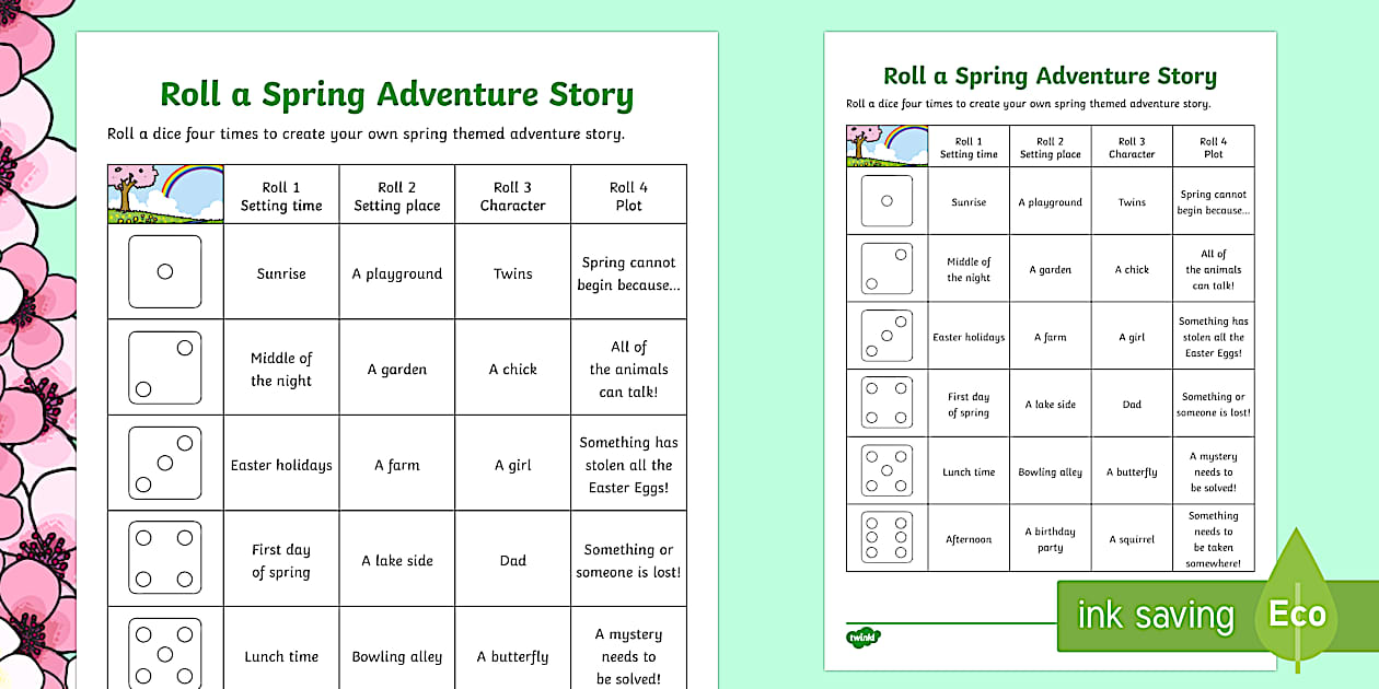 Editable Roll a Spring Adventure Story Activity - Twinkl