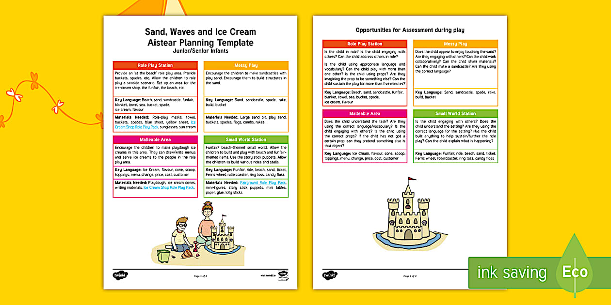 Sand, Waves and Ice Cream Aistear Planning Template - Twinkl