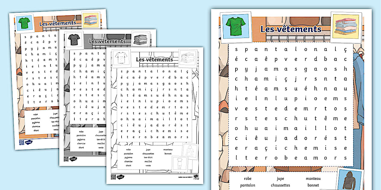 Mots mêlés : Les vêtements - Twinkl Français