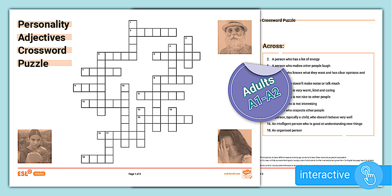 ESL Personality Adjectives Crossword Puzzle [Adults, A1]