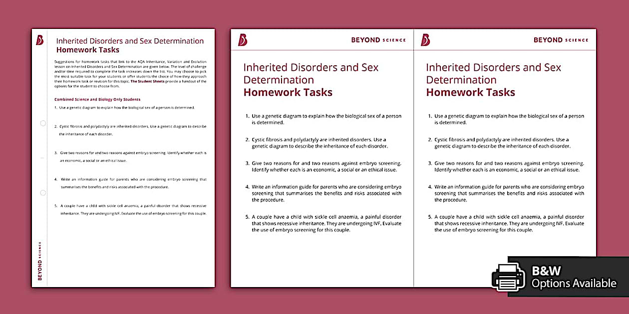 Inherited Disorders and Sex Determination Homework and Revision Tasks