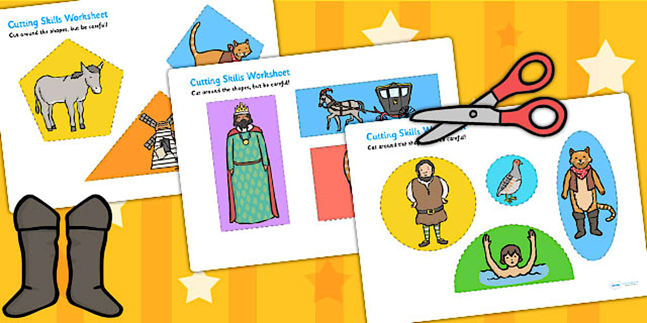 Black and White Puss in Boots Themed Cutting Skills Worksheets