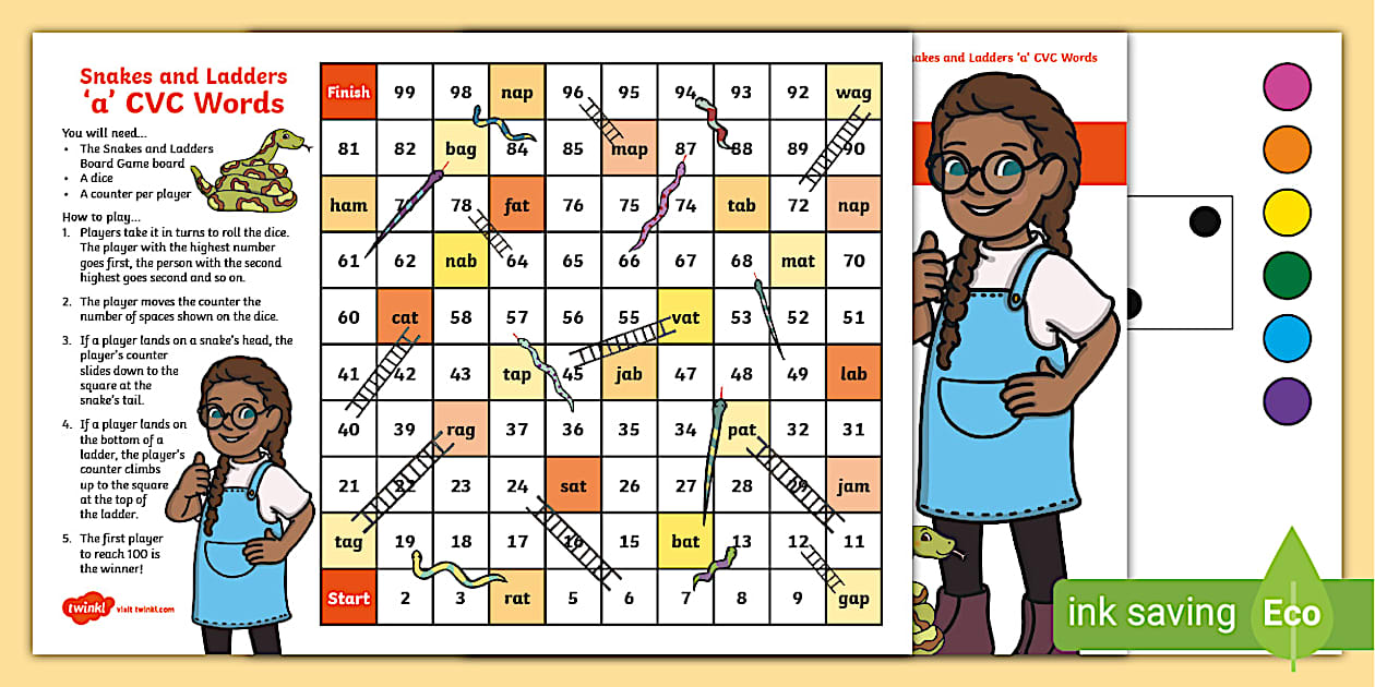 Snakes and Ladders 'a' CVC Words Board Game (teacher made)