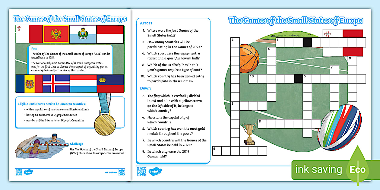 The Games of the Small States of Europe Crossword - Twinkl