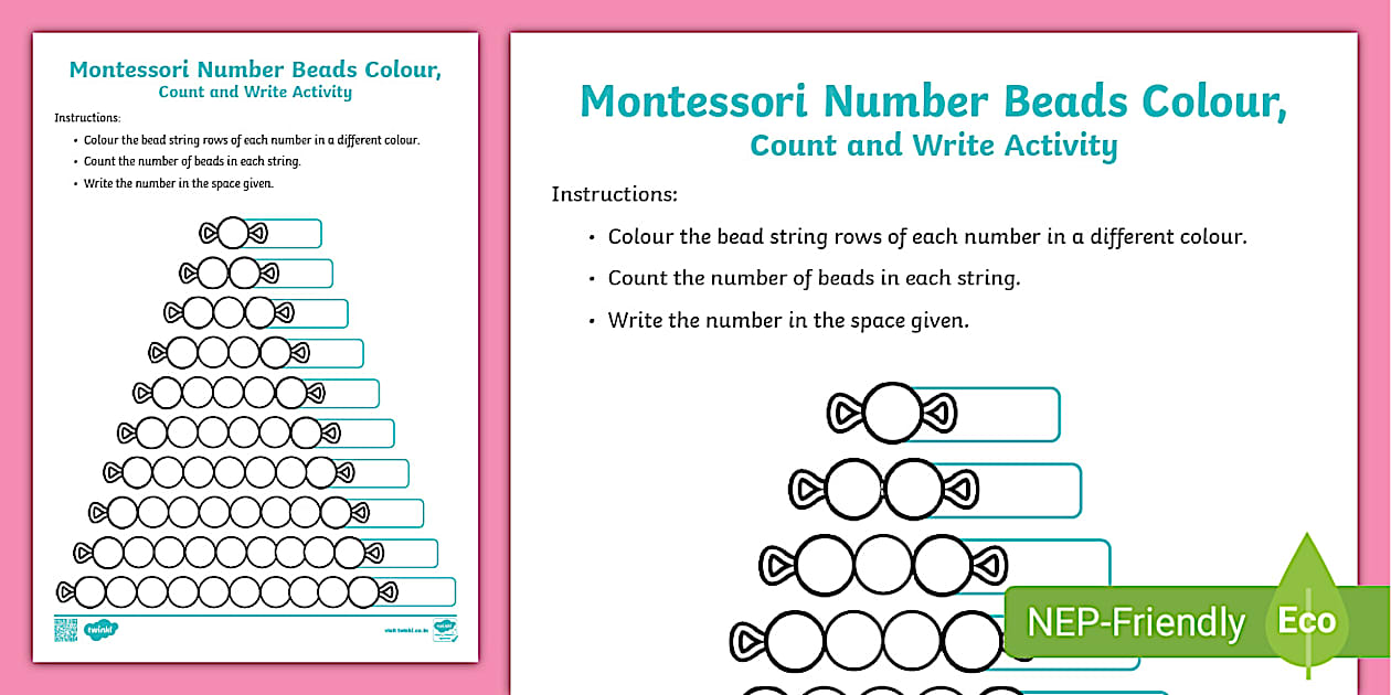 Montessori Number Beads Colour, Count and Write Activity