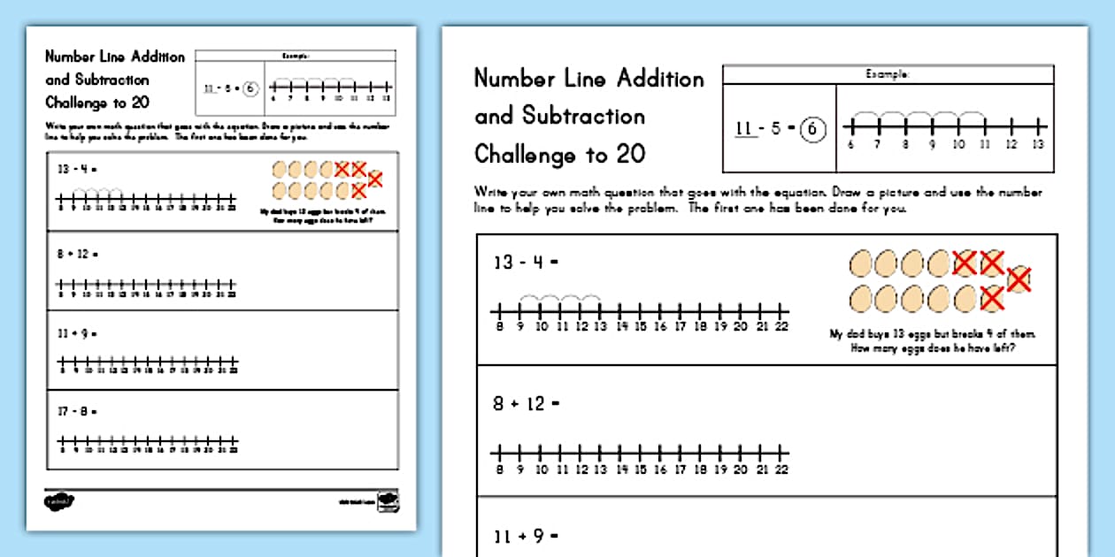 Number Line Addition and Subtraction Challenge Worksheet for 1st-2nd Grade