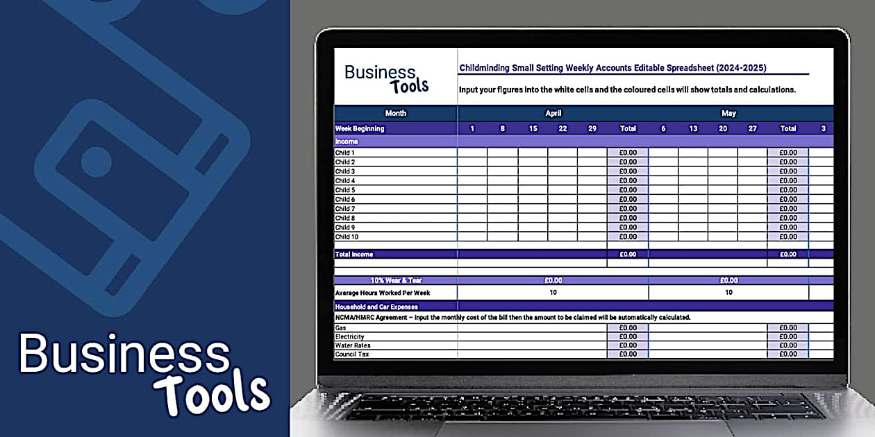 Childminder Small Setting Weekly Accounts Editable Spreadsheet (2024-2025)