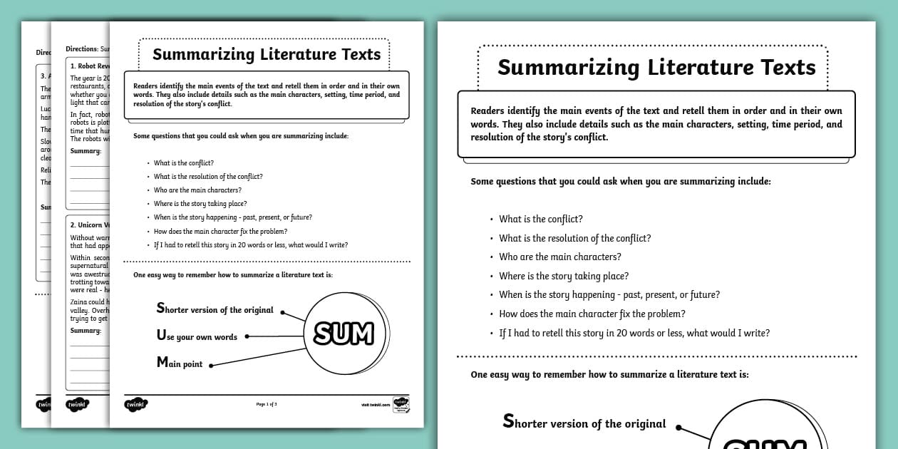 Sixth Grade Summarizing Literature Texts Worksheet - Twinkl