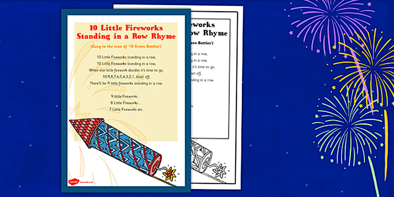Black and White 10 Little Fireworks Standing in a Row Rhyme
