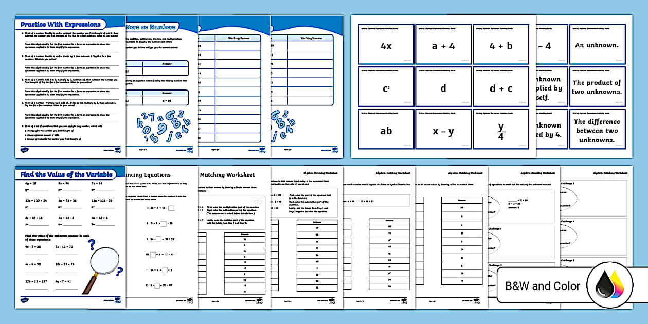 Fifth Grade Expressions and Equations Algebra Work Sub Pack