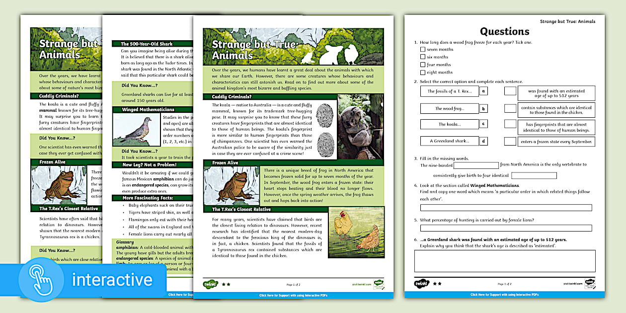 Interactive PDF: UKS2 Strange but True Animals Differentiated Reading