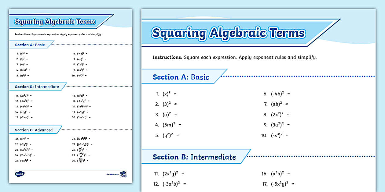 Squaring Algebraic Terms Worksheet (teacher made) - Twinkl