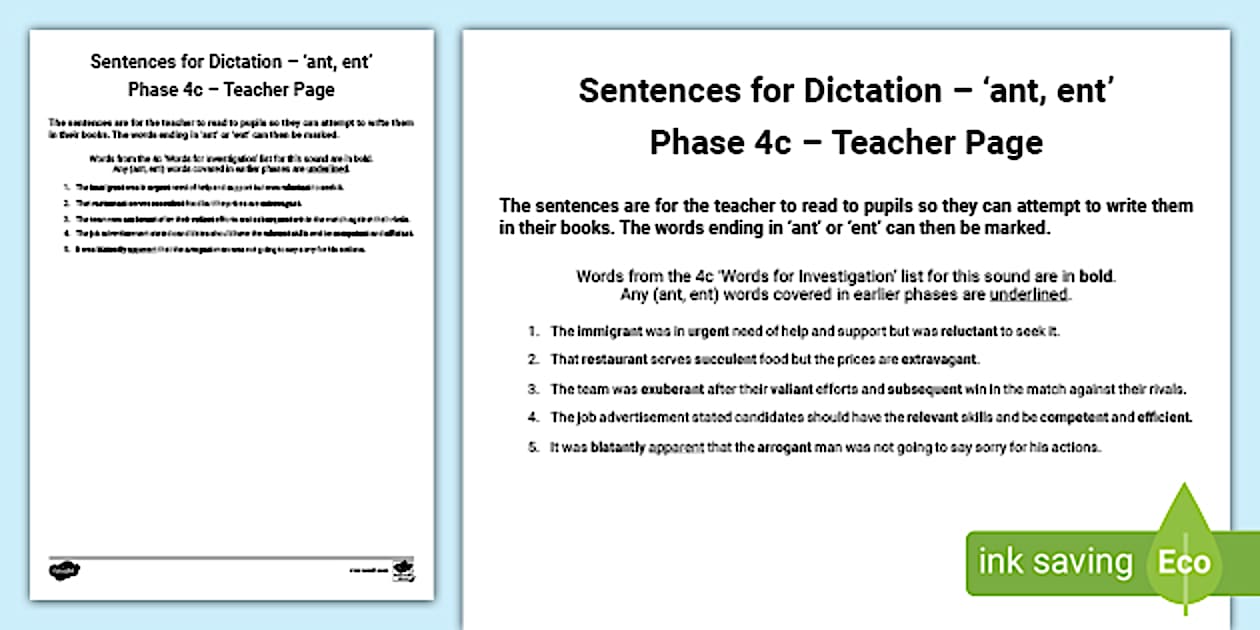 Linguistic Phonics Phase 4c 'ant, ent' Dictation Sentences Teacher ...