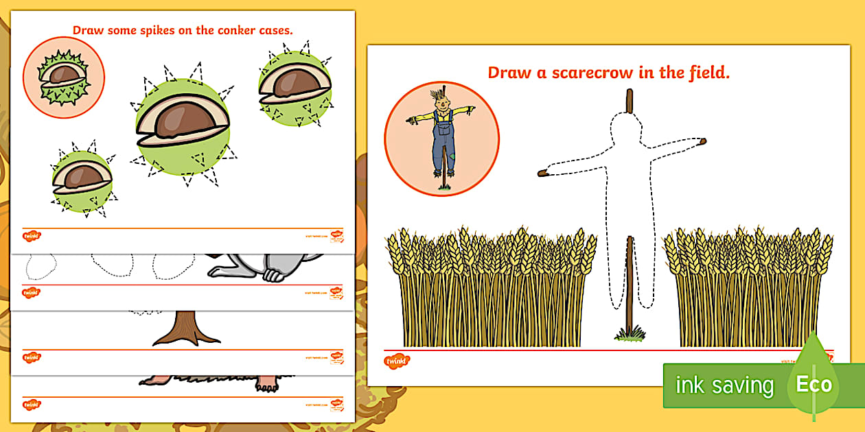 Autumn-Themed Mark Making and Pencil Control Worksheet / Worksheets