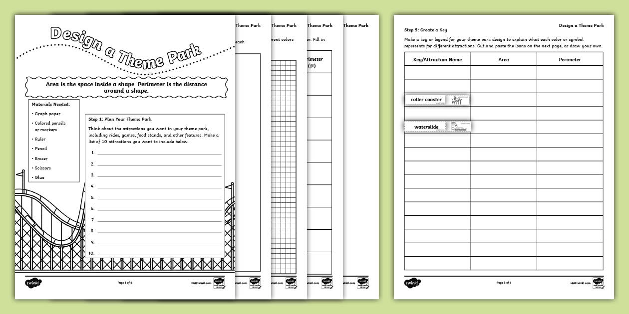 Third Grade Design a Theme Park Area and Perimeter Worksheet