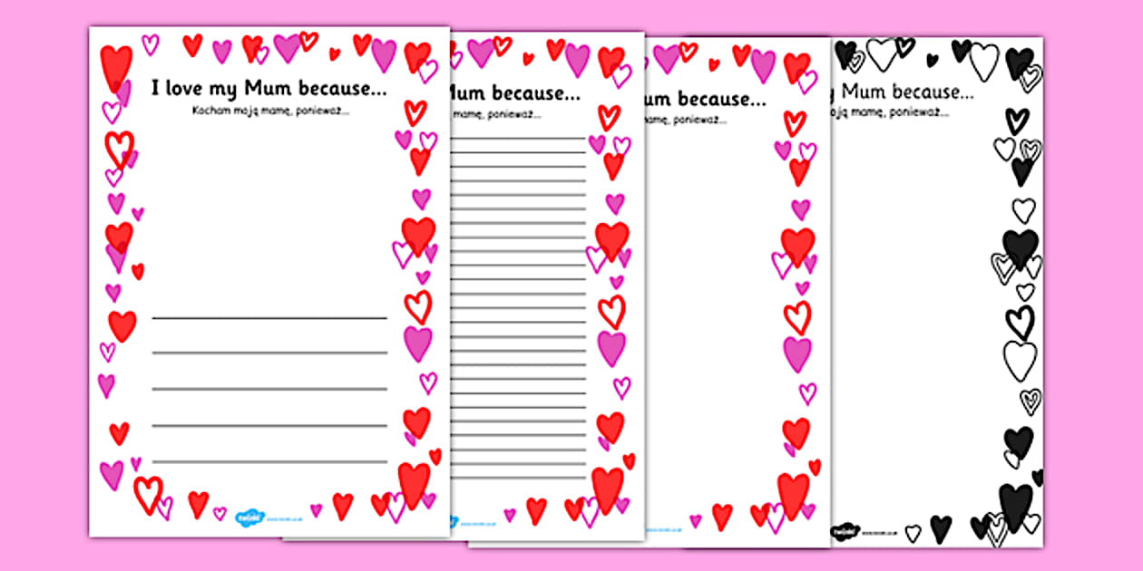 Mother's Day I Love My Mum Because Full Page Borders Polish Translation