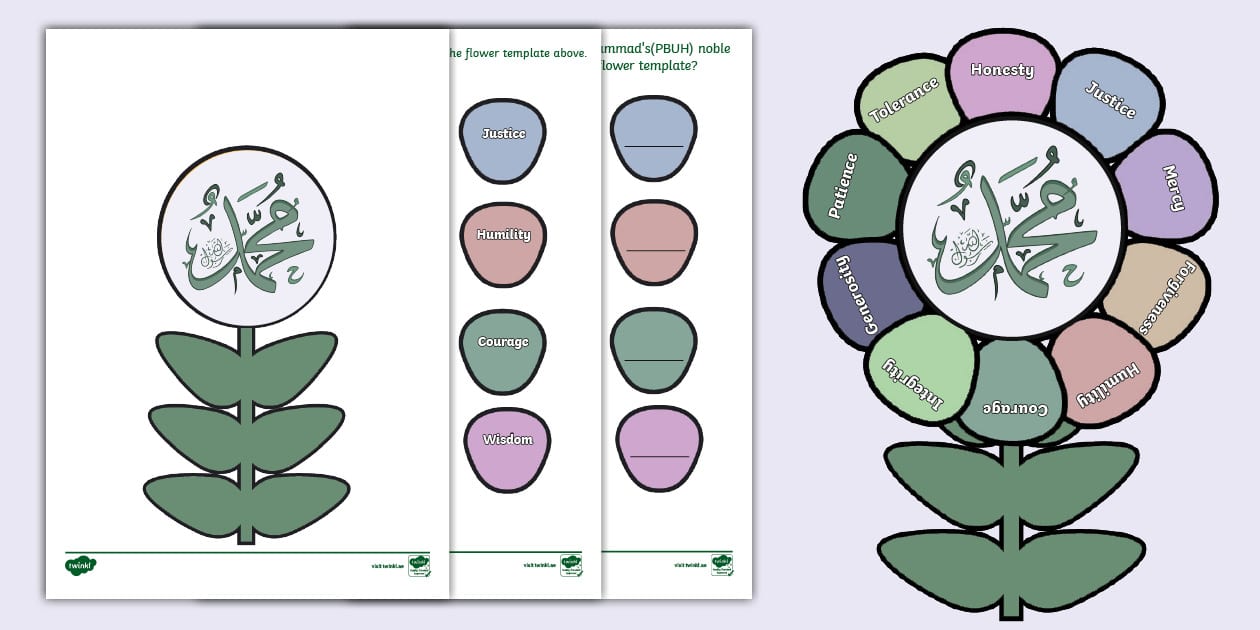 Prophet Muhammed (PBUH) Qualities Flower Activity - Twinkl
