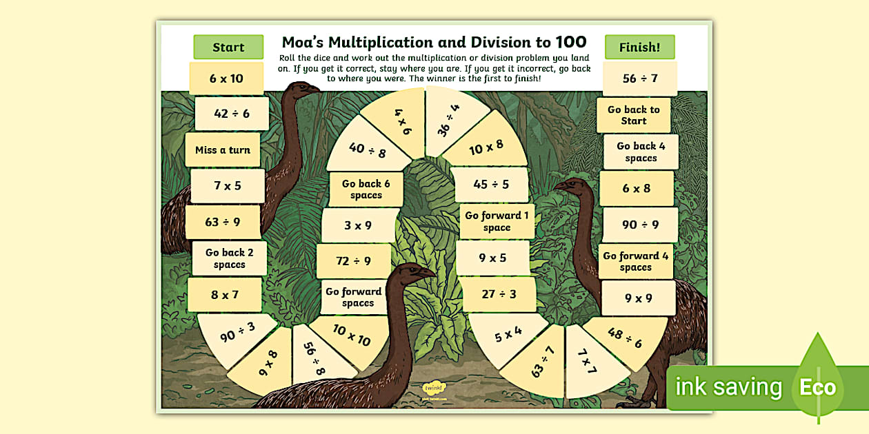 Moa's Multiplication and Division to 100 Board Game - Twinkl