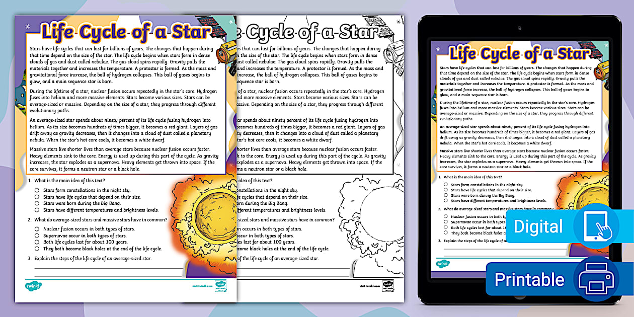 Sixth Grade Life Cycle of Star Reading Passage Comprehension