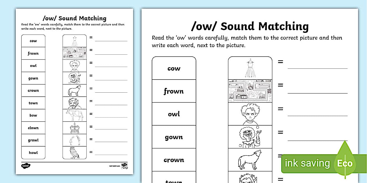 'ow' Sound Matching Activity Sheet (teacher made) - Twinkl