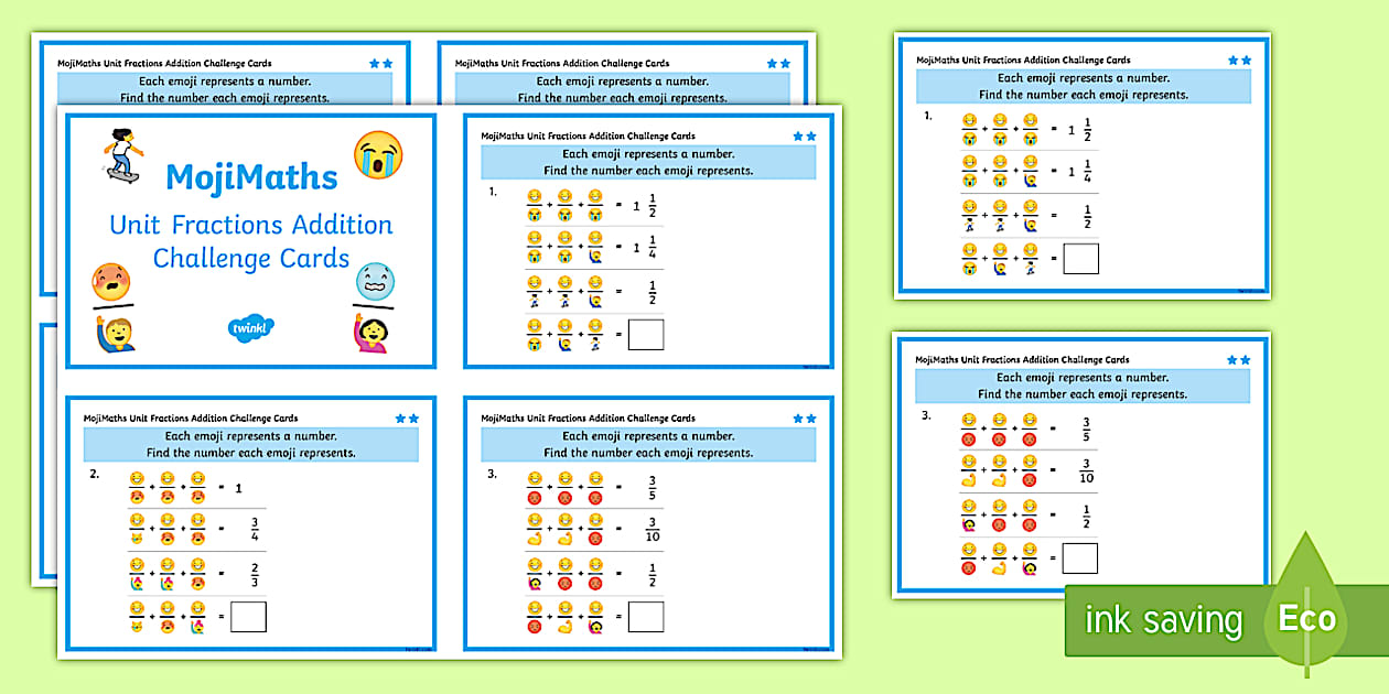 😊 UKS2 MojiMaths 3 Unit Fractions Addition Differentiated Challenge Cards