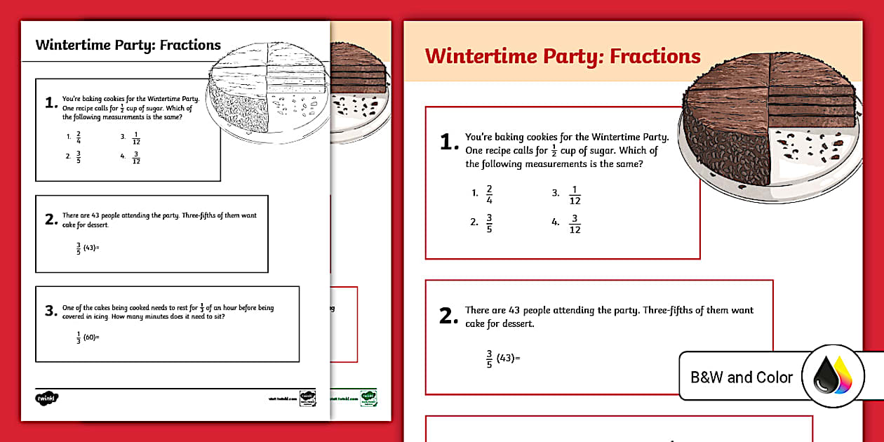 Fifth Grade Wintertime Party: Fractions Opening Worksheet