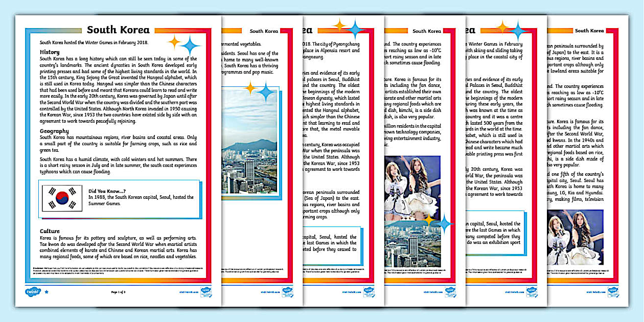 KS2 South Korea Differentiated Reading Comprehension Activity