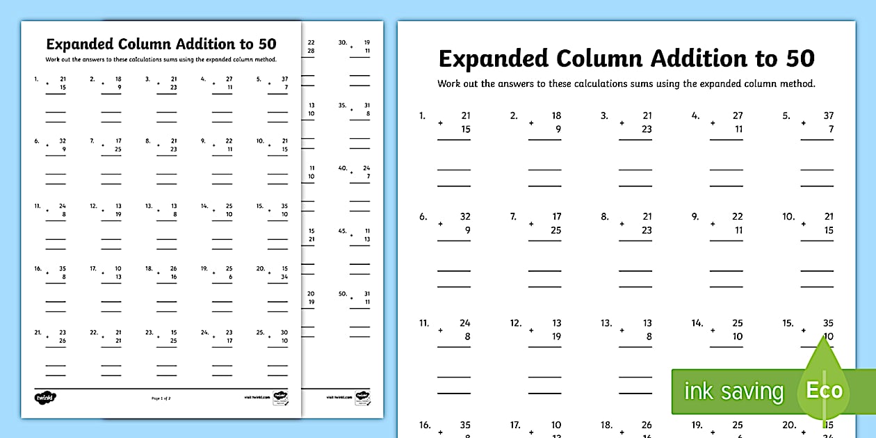 Expanded Column Addition to 50 Worksheet / Worksheets