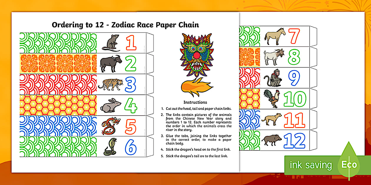 Black and White Zodiac Race Ordering to 12 Paper Chain Chinese Dragon