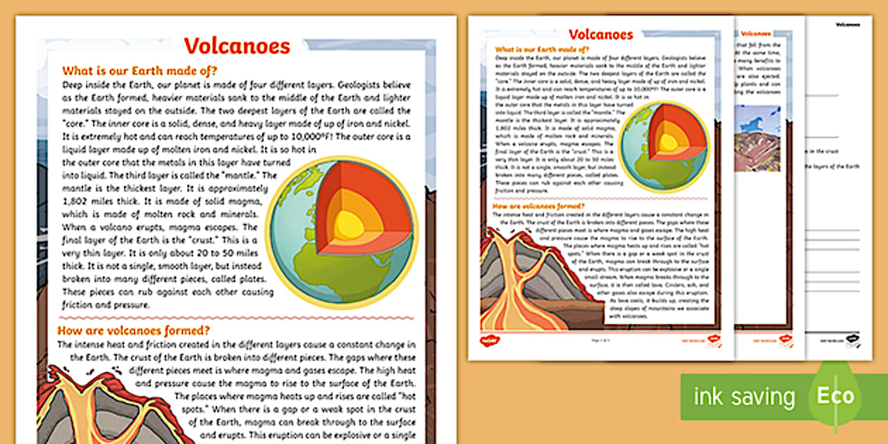 Fourth Grade Volcanoes Reading Comprehension Worksheet