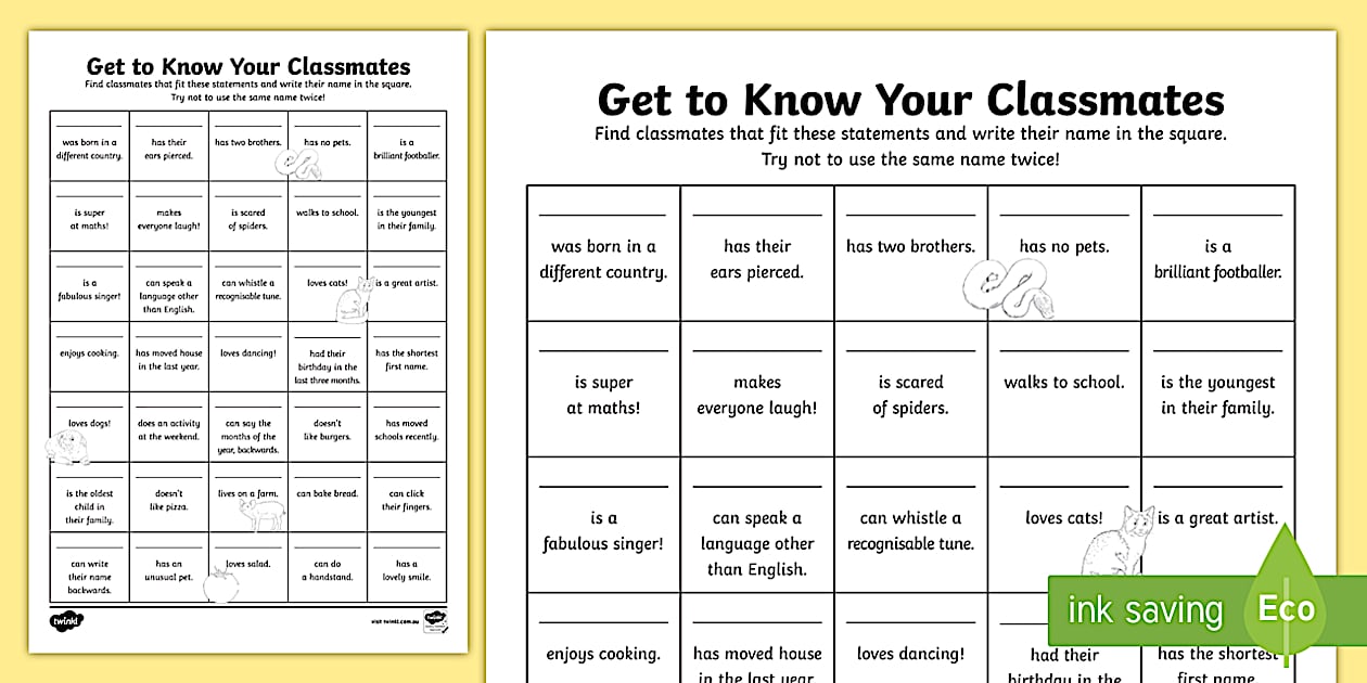 Editable Get to Know Your Classmates Worksheet - Twinkl