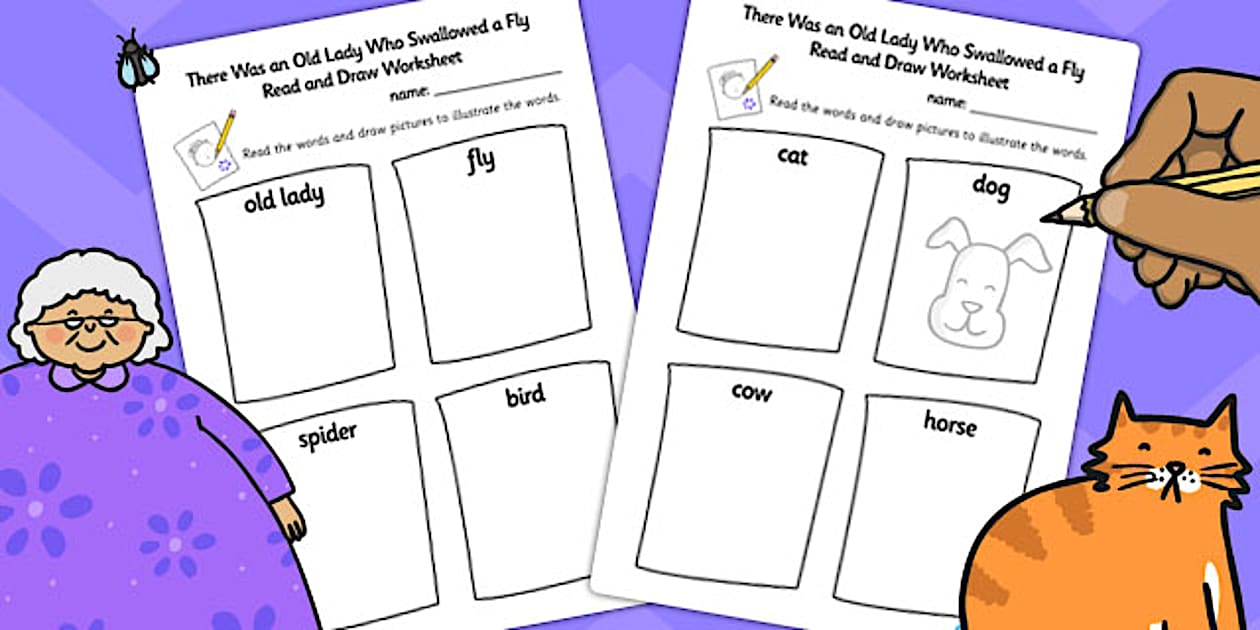 There Was an Old Lady Who Swallowed a Fly Read and Draw Worksheet