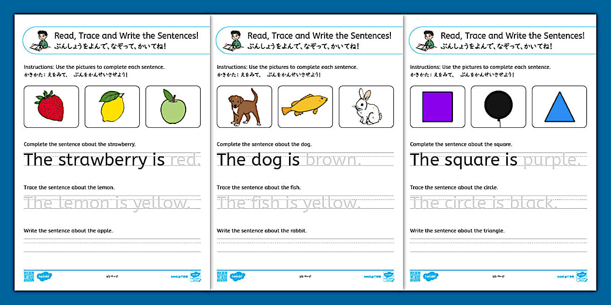 文章を読んで、なぞって、書いてみよう！Read, Trace and Write the Sentences (Singular) English