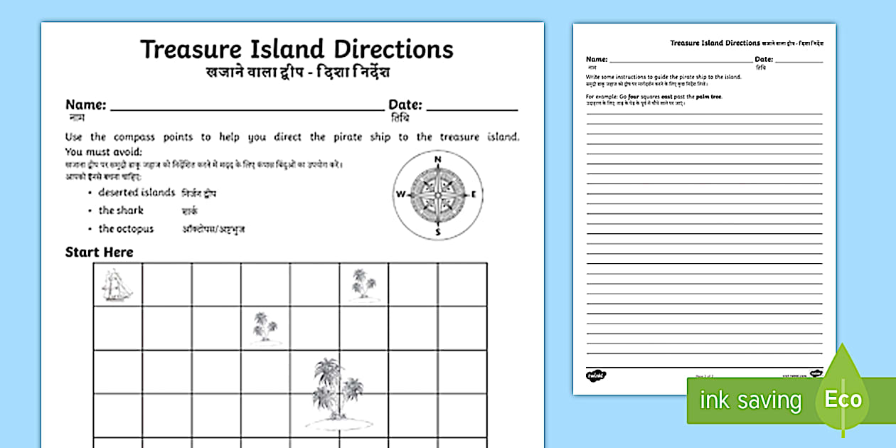 Treasure Island Directions Instruction Writing Worksheet English/Hindi