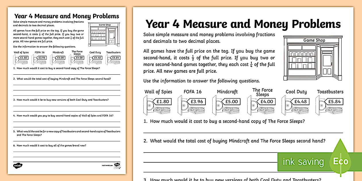Year 4 Fractions of Money Problems Worksheet (teacher made)
